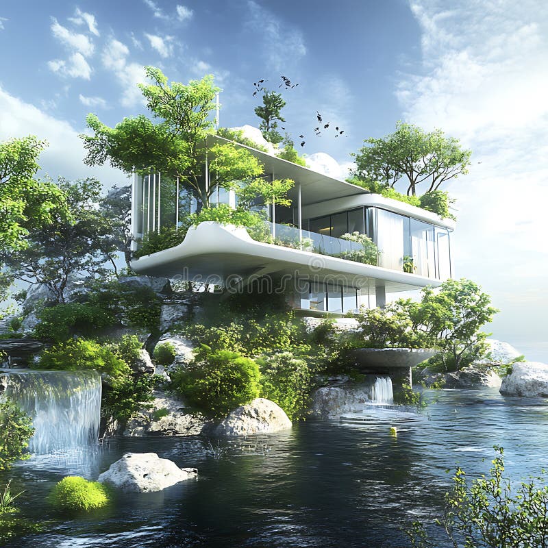 Modern EcoFriendly House on a Cliffside with Waterfall and Lush ...