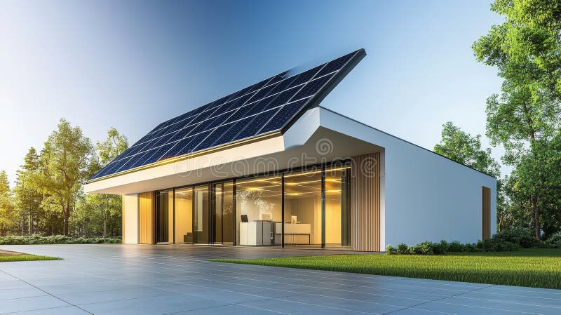 Modern Eco-friendly House with Solar Panels and Large Windows Stock ...