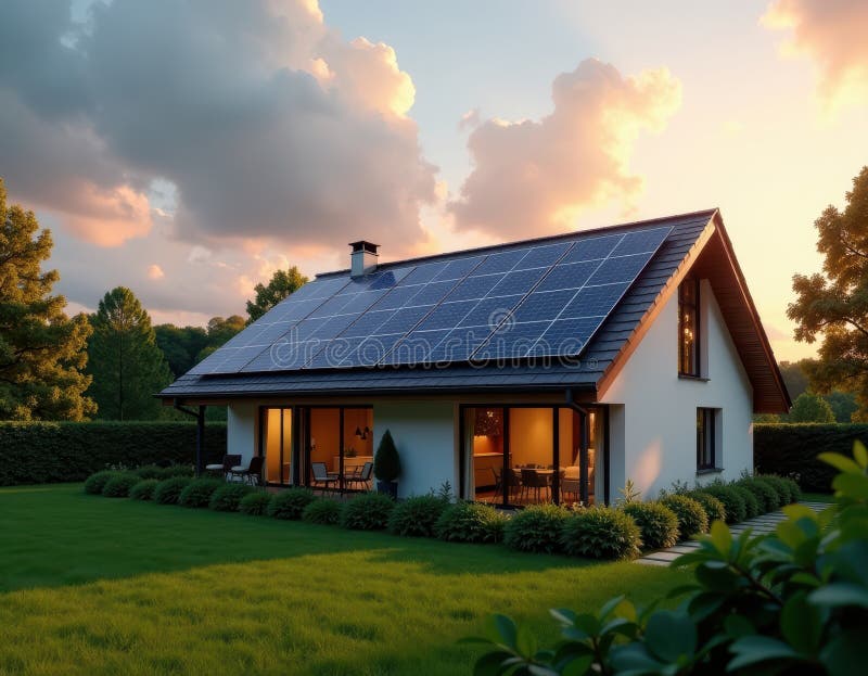 Modern Eco-Friendly House with Solar Panels at Sunset Stock ...