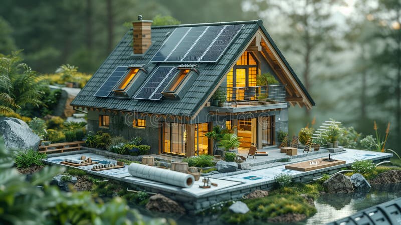 Modern Eco-Friendly House Surrounded by Greenery with Solar Panels in a ...