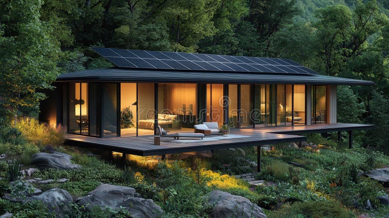 Modern Eco-friendly House Surrounded by Lush Forest Landscape Evening ...