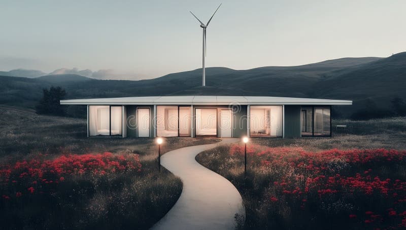 Modern Eco-friendly House with Windmill, Nestled in a Scenic Landscape ...