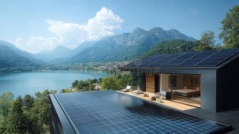 Modern Eco-friendly Lake House with Solar Panels and Mountain View ...