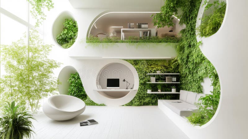 Modern Eco-Friendly Living Room with Lush Greenery and Circular Design ...