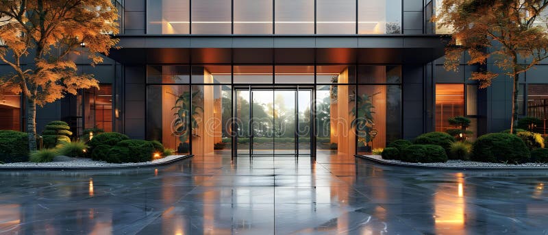 Modern Eco-Friendly Office Entry at Twilight. Concept Interior Design ...