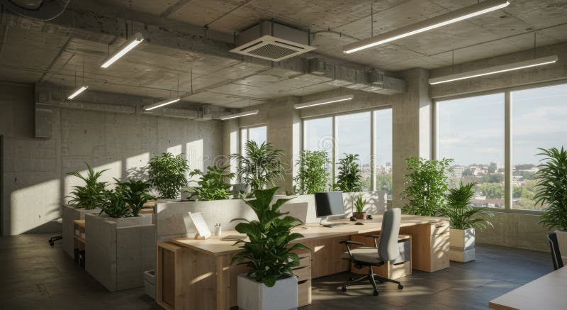 Modern Eco-friendly Office with Greenery and Natural Light in Urban ...