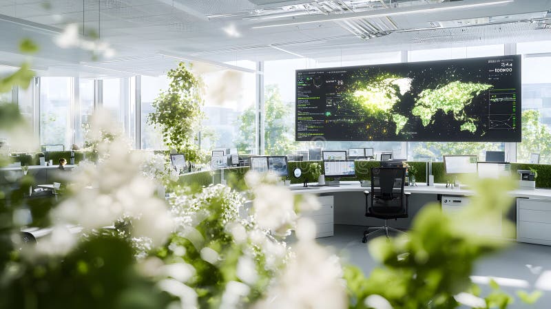 Modern Green Office with Global Network Data Display AI Generated ...