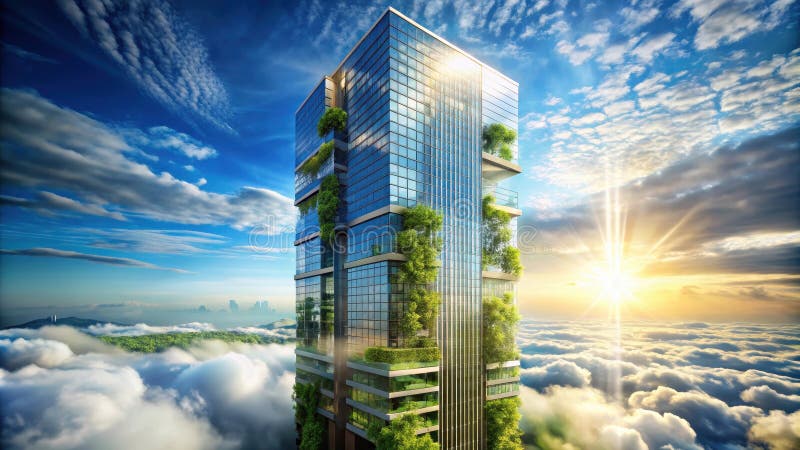 Modern Eco-friendly Skyscraper Above the Clouds at Sunrise. Generative ...