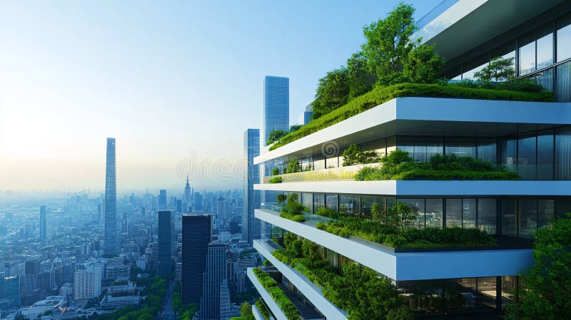 Modern Eco-Friendly Skyscraper with Green Terraces in Urban Cityscape ...