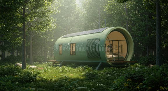 Modern Eco-friendly Tiny Home in Forest Setting with Solar Panels Stock Photo - Image of ...