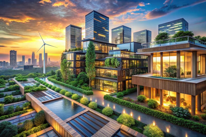 Modern Eco-friendly Urban Development at Sunset with Lush Greenery and ...