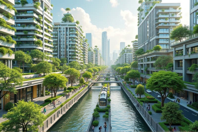 Modern Eco-friendly Urban Landscape with Greenery and Waterway ...