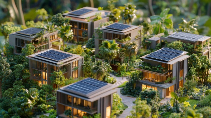 Modern Eco-Friendly Village Model with Solar Panels Stock Illustration ...
