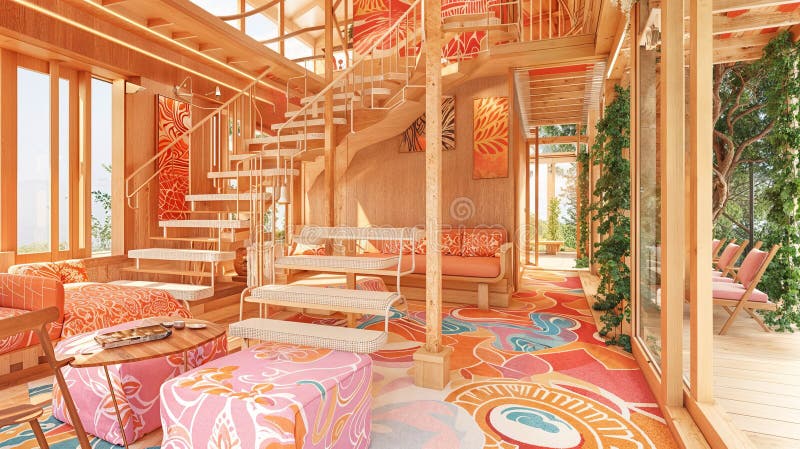 Modern Eco-friendly Wooden Interior Design with Vibrant Patterns and ...