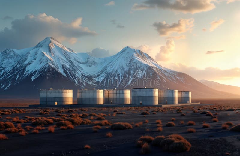 Modern Eco Tech Facility with Large Storage Tanks. Snowy Mountain Range ...