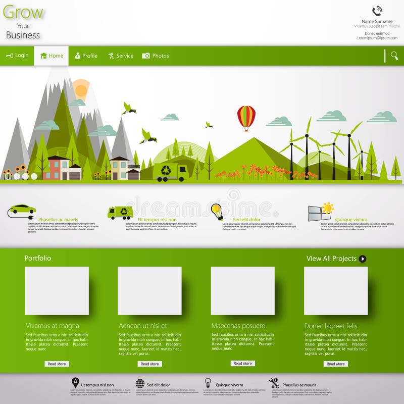 Modern Eco Website Template with Flat Eco Pollution Illustration Stock ...