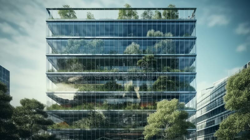 Modern Ecological Construction with Large Windows, Trees, Greenery in ...