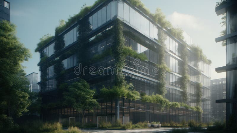 Modern Ecological Construction with Large Windows, Trees, Greenery in ...