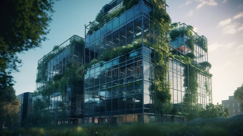 Modern Ecological Construction with Large Windows, Trees, Greenery in ...