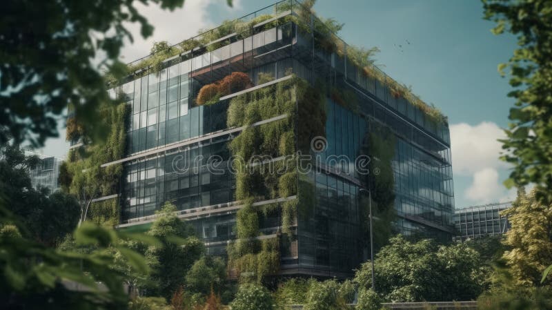 Modern Ecological Construction with Large Windows, Trees, Greenery in ...