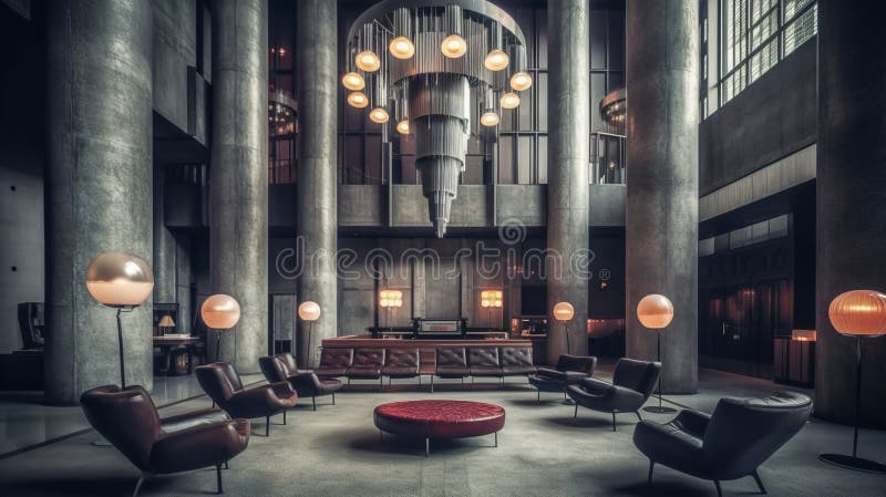 Modern and Edgy Hotel Lobby with Spacious Leather Seating and Concrete ...