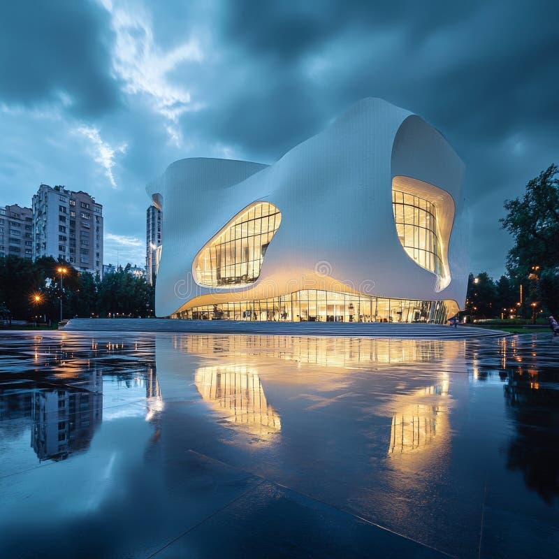 A Modern Edifice, the City at Twilight, a Reflection, and Architectural ...