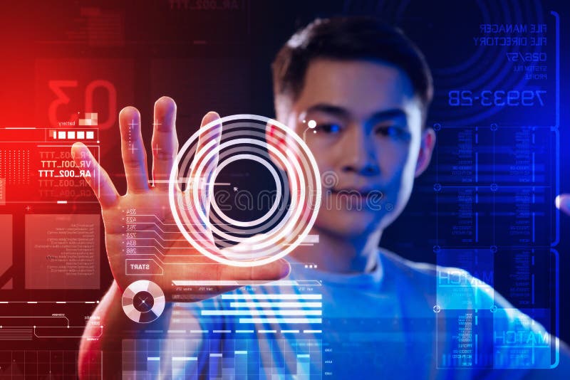 Clever Student Scanning His Hand while Using a Futuristic Device Stock ...