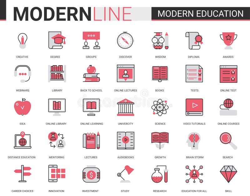 Modern Education Red Black Flat Line Icons Vector Illustration Set with ...