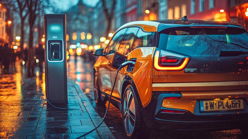 Modern Electric Car Charging at Night in Urban Cityscape Stock Image ...