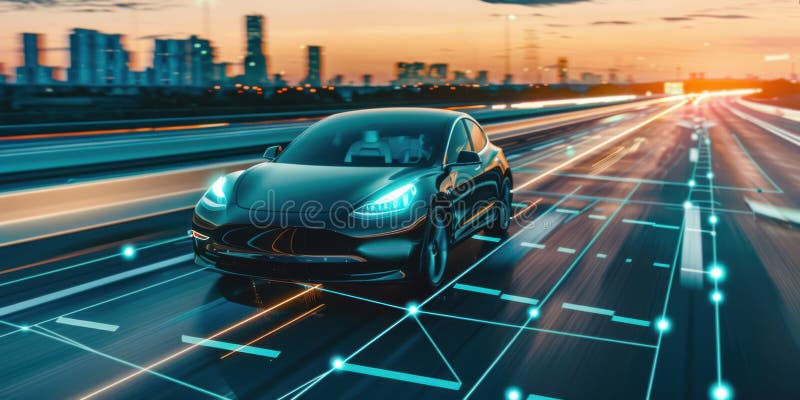 A Modern Electric Car on a Highway, with Digital Speed and Efficiency ...