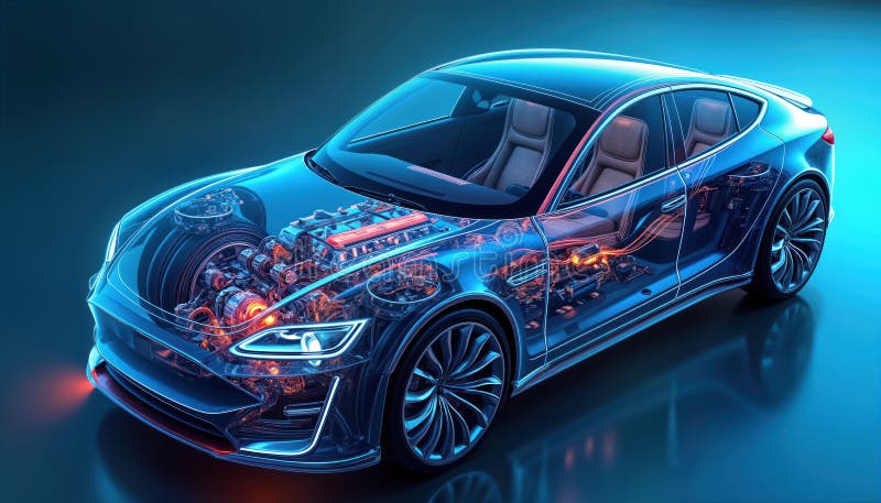 Modern Electric Car Tech. Lithium Battery Pack Visible. Engine ...