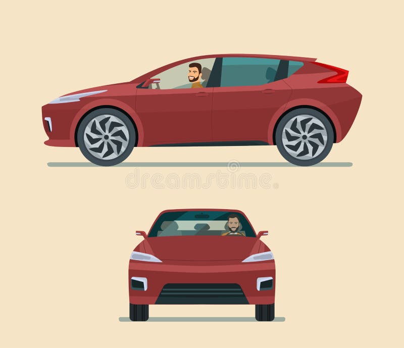 Red Car Two Angle Set. Car Side View, Back View and Front View Stock ...