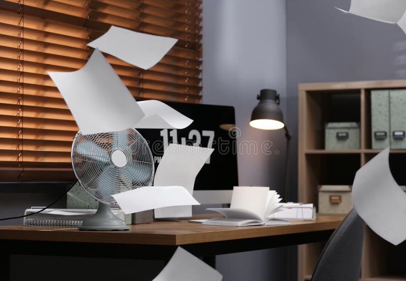 Modern Electric Fan and Flying Paper in Office Stock Image - Image of ...
