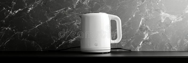 A Modern Electric Kettle on a Black Countertop Against a Marble Wall in ...