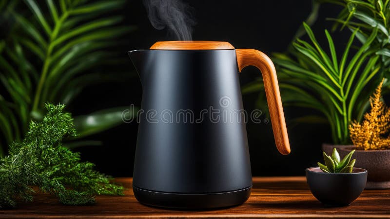 Modern Electric Kettle with Wooden Handle and Steam in Natural Setting ...