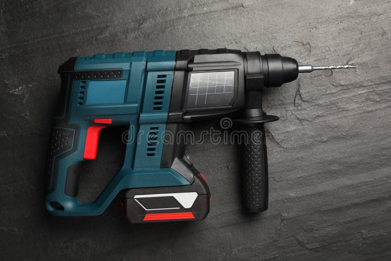 Modern Electric Power Drill on Black Table, Top View Stock Photo ...