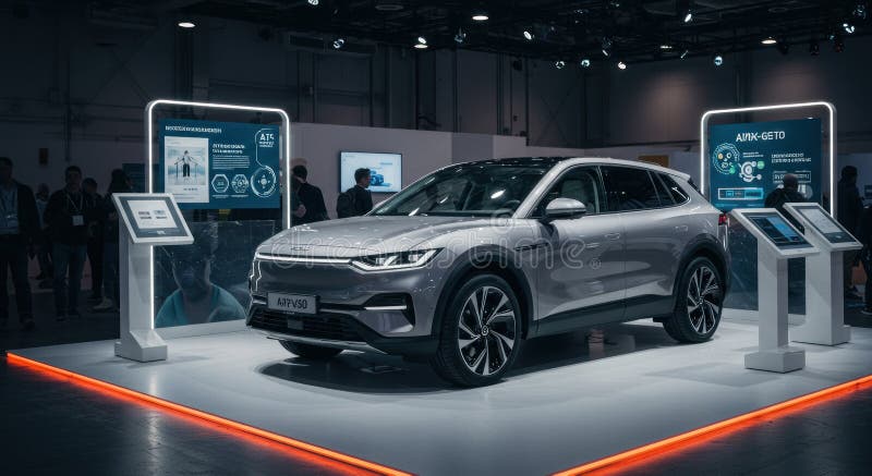 Modern Electric SUV on Display at a Technology Expo Stock Illustration ...