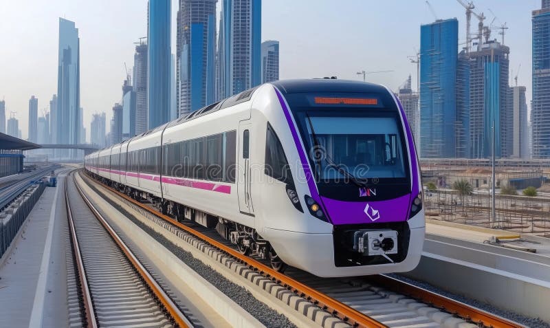Modern Electric Train on Elevated Tracks in Urban Skyline with ...
