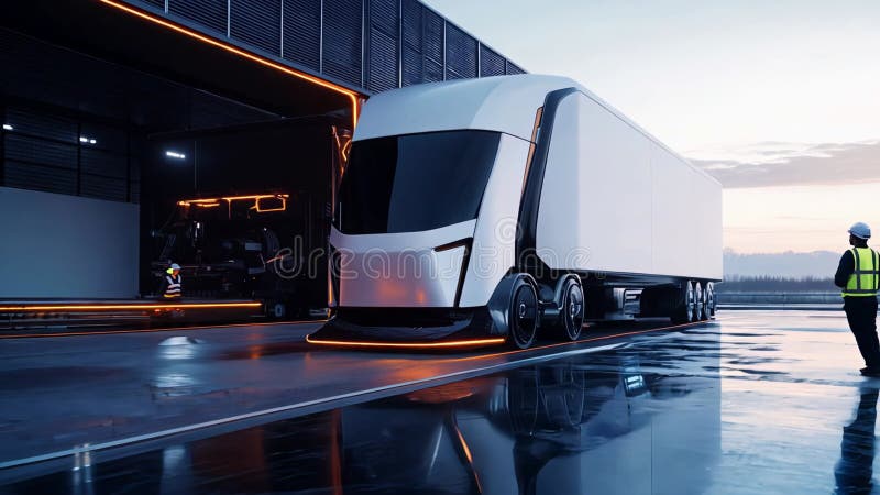A Modern and Futuristic Electric Truck Parked at a Busy Loading Dock ...