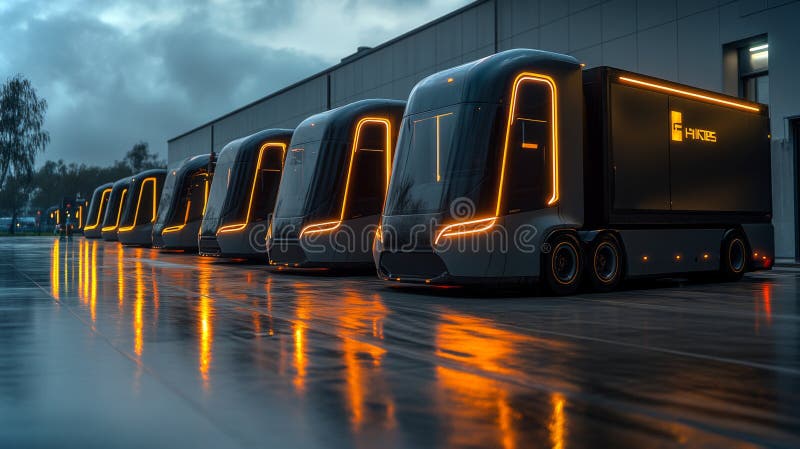 Modern Electric Trucks Lined Up in a Logistics Warehouse during Evening ...