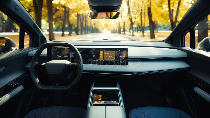 Modern Electric Vehicle Interior on Autumn Road Stock Illustration ...