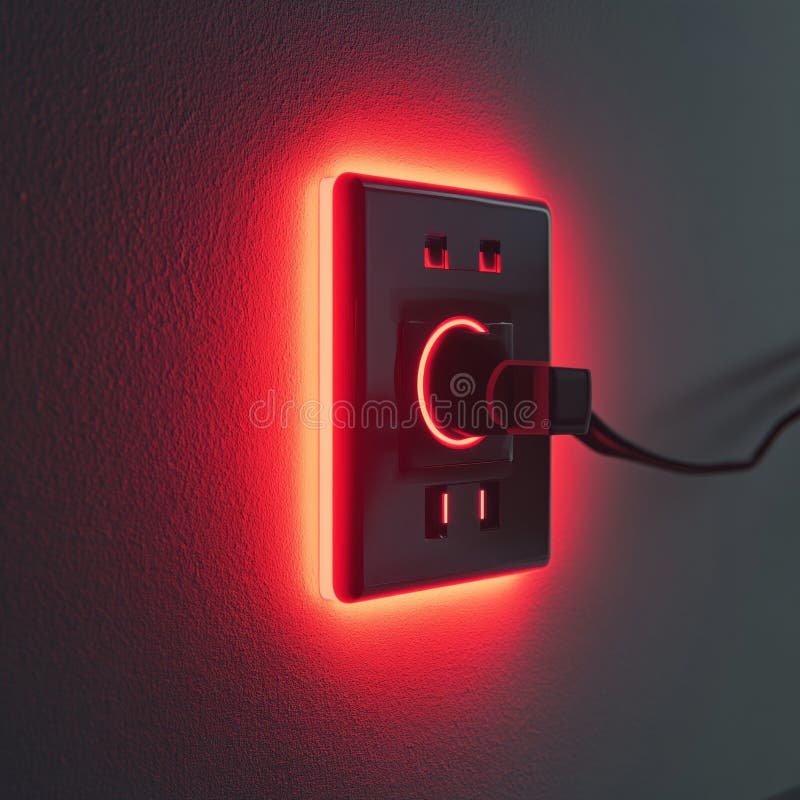 Modern Electrical Outlet with Glowing Red Light and Plug on Wall Stock ...