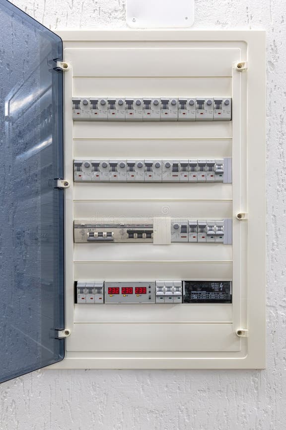 Modern Electrical Panel with Circuit Breakers and Digital Display Stock ...