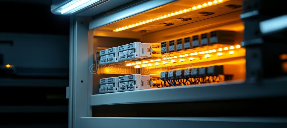 Modern Electrical Panel Illuminated Circuit Breakers and Wiring in Home ...