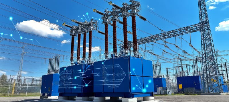Modern Electrical Power Substation, High-Voltage Transformers, Network ...