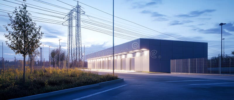 Modern Electrical Substation with Energy Storage System Illuminated at ...