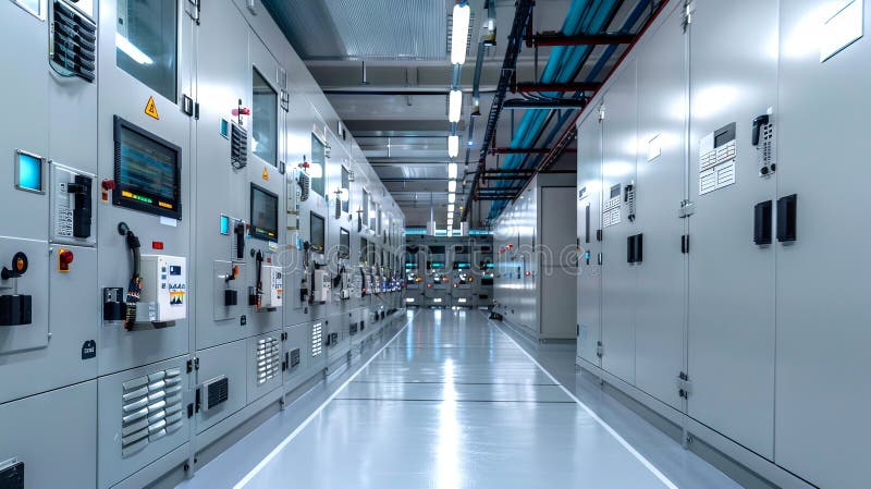 Modern Electrical Substation Hallway with Control Panels and Monitors ...