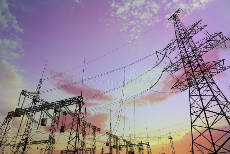 Modern Electrical Substation at Sunset, Low Angle View Stock Photo ...