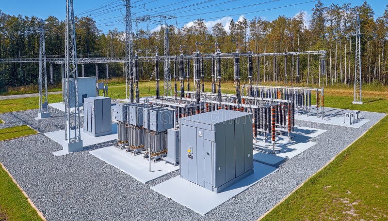 Modern Electrical Substation with Transformers and Power Lines Under a ...