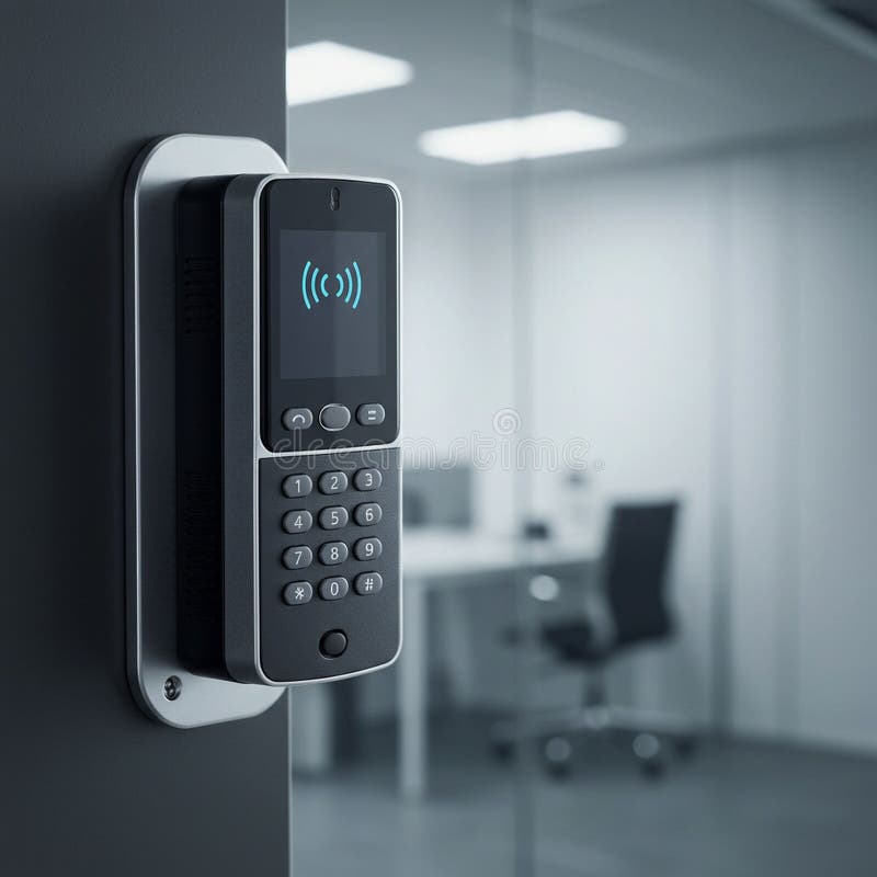 A Modern Electronic Access Control Panel is Mounted on a Dark Wall ...